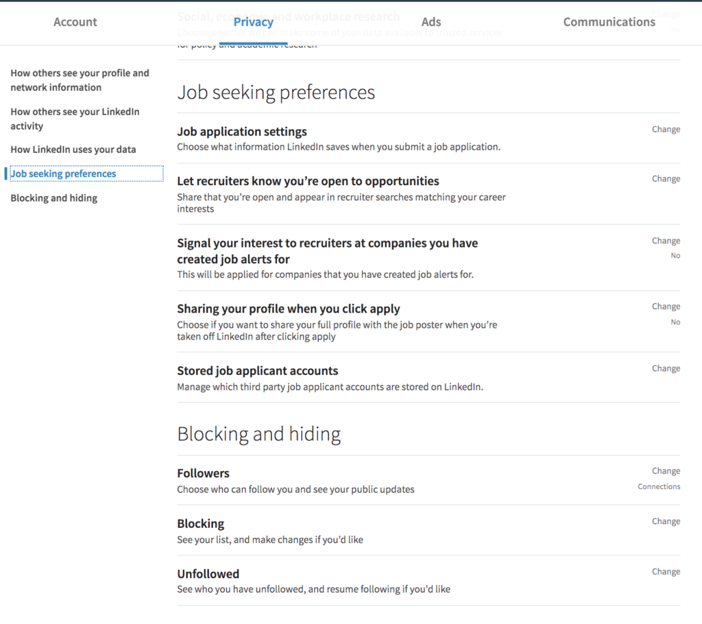 Screenshot of LinkedIn Job Seeking preferences setting - Cultivated Culture