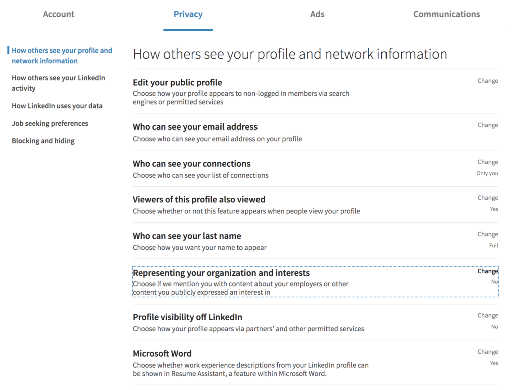 Screenshot of LinkedIn Privacy settings - Cultivated Culture