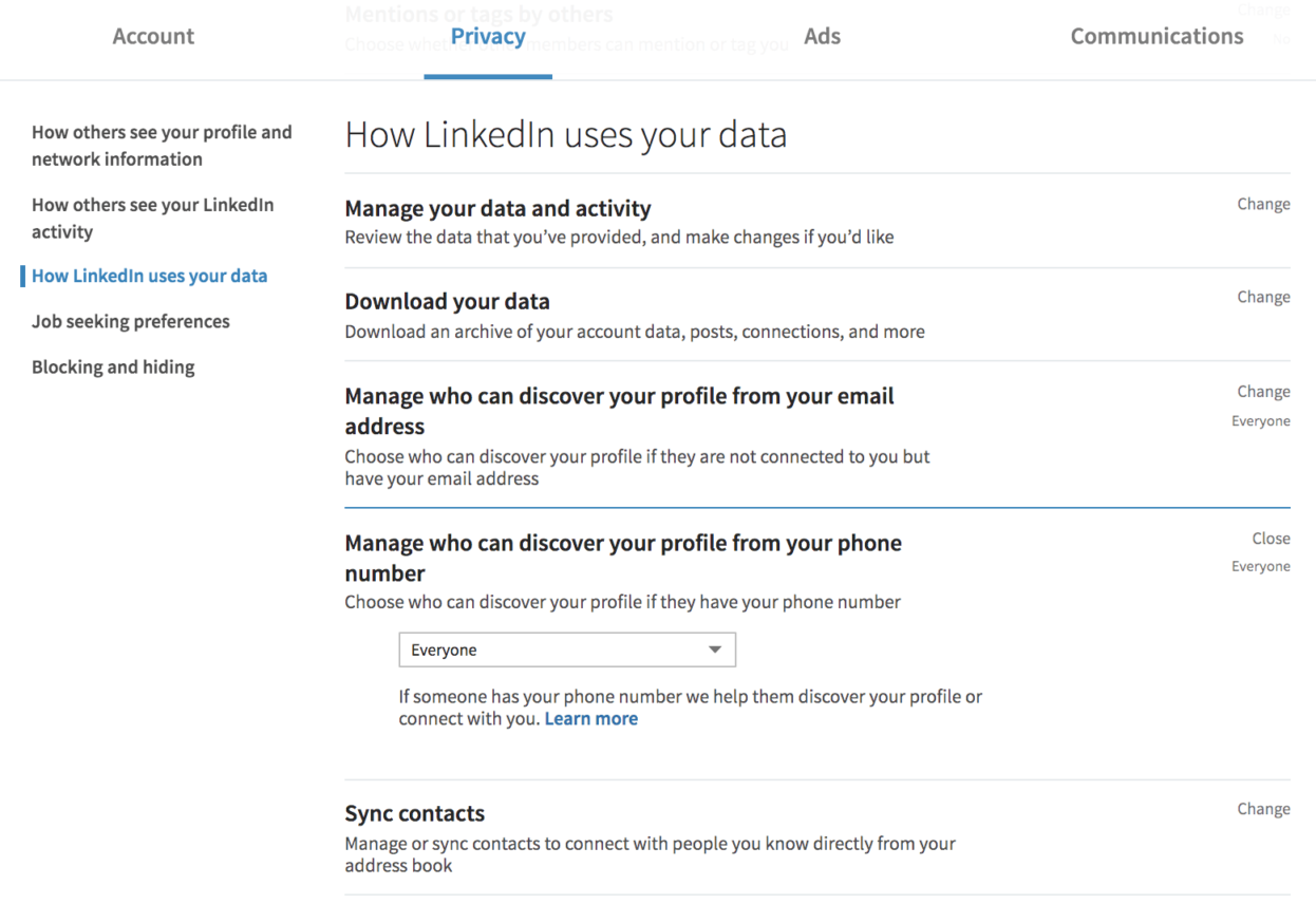 Screenshot of LinkedIn contact info setting - Cultivated Culture