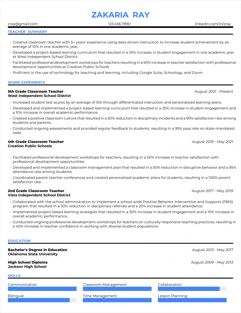 Teacher Resume Examples For 2023 (20+ Skills & Templates)