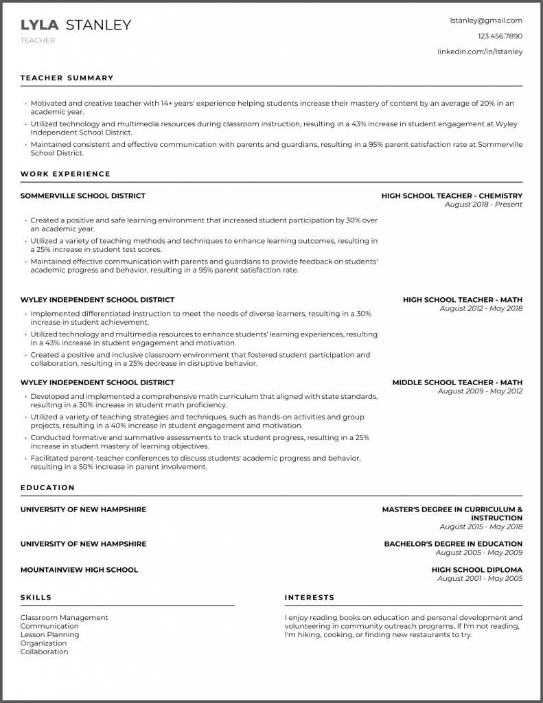 Teacher Resume Examples For 2023 (20+ Skills & Templates)